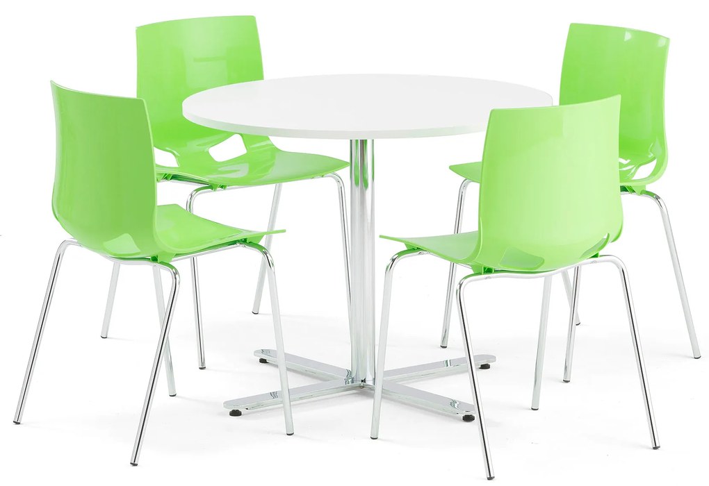 AJ Produkty Jídelní set Tilo + Juno, 1 kulatý stůl a 4 zelené židle