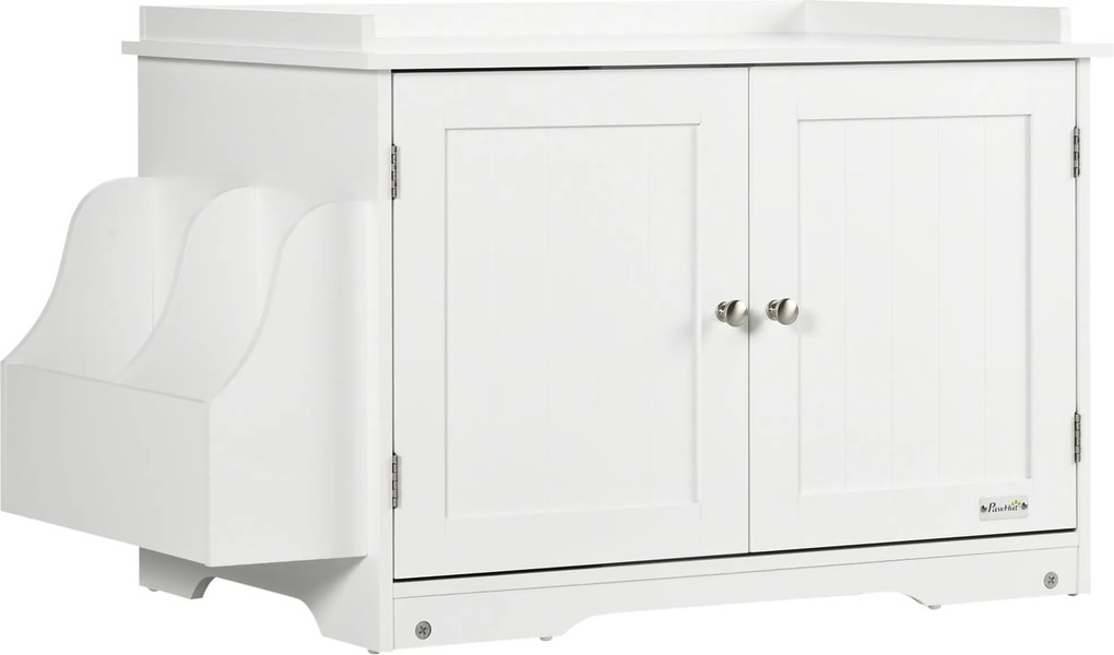 PawHut Kočičí Záchod Kabinet s Magnetickými Dveřmi, Kočičí Dům s Úložným Prostorem pro Střední Kočky 86 x 48 x 52 cm Bílý | Aosom