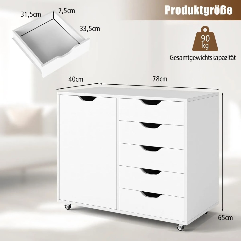Costway Pojízdný kontejner s 5 zásuvkami a dvířky a pracovní deskou a – bílý