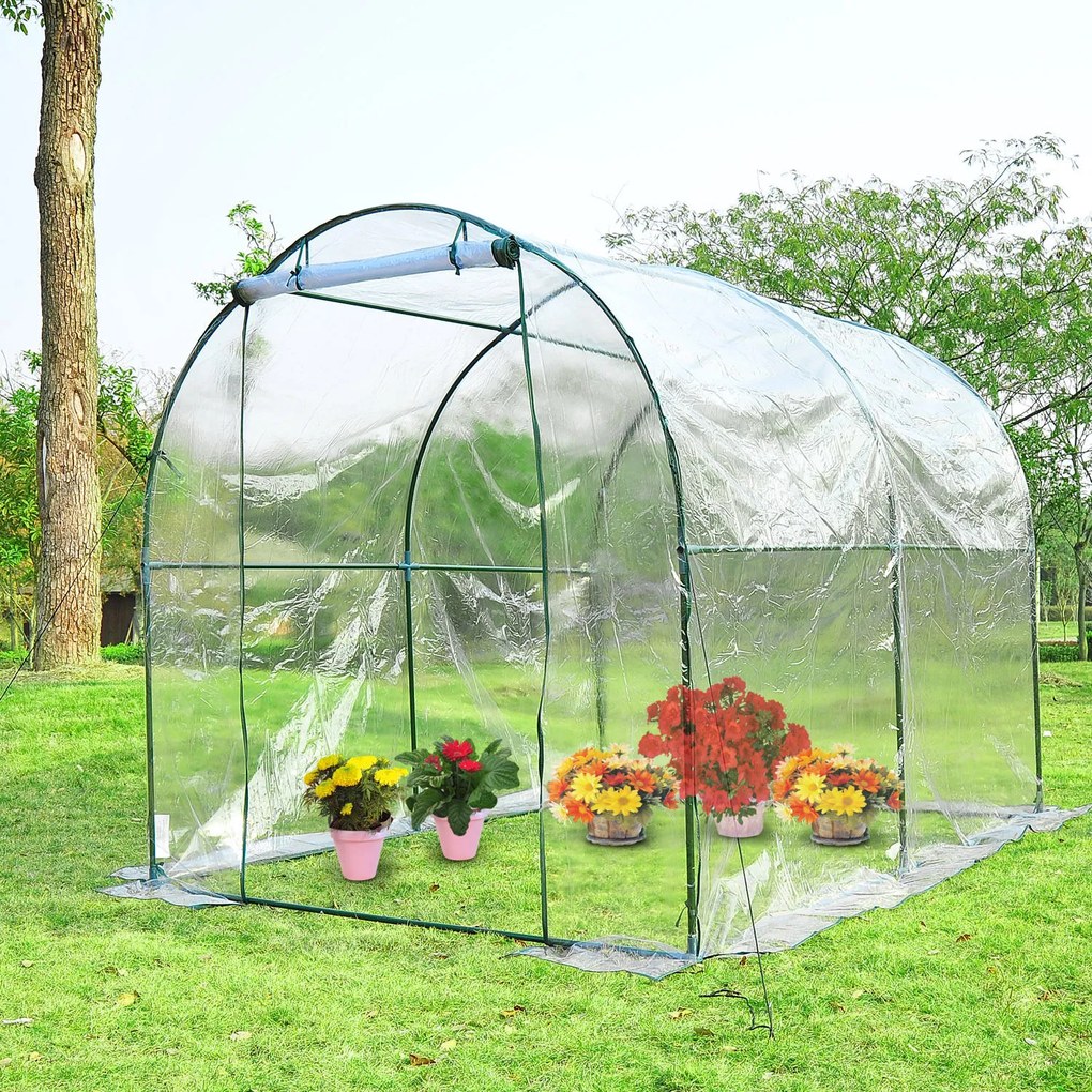 Outsunny Zahradní Tunelový Skleník, Balkonový Skleník pro Rostliny a Zeleninu s PVC Krytem, Rolovacími Dveřmi a Ocelovým Rámem, 2x2,5x2m