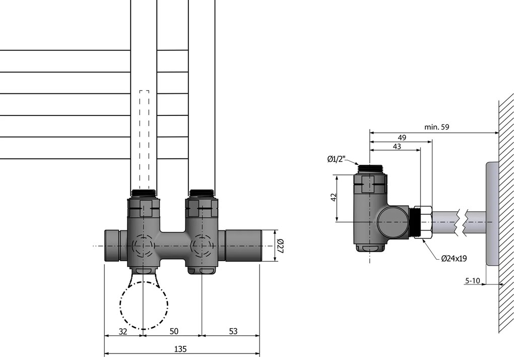Sapho Twin Combi připojovací sada ventilů pro středové připojení pravá rozteč 50 mm černá CP461BS