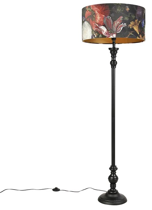 Stojací lampa černá se sametovým odstínem květy zlatá 50 cm - Classico