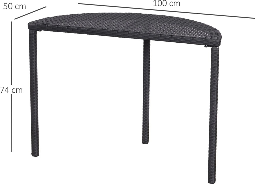 Outsunny Balkonový stůl - Zahradní boční stůl, venkovní nábytek, půlkruhový, polyrattan, kov, černá, 100 x 50 x 74 cm