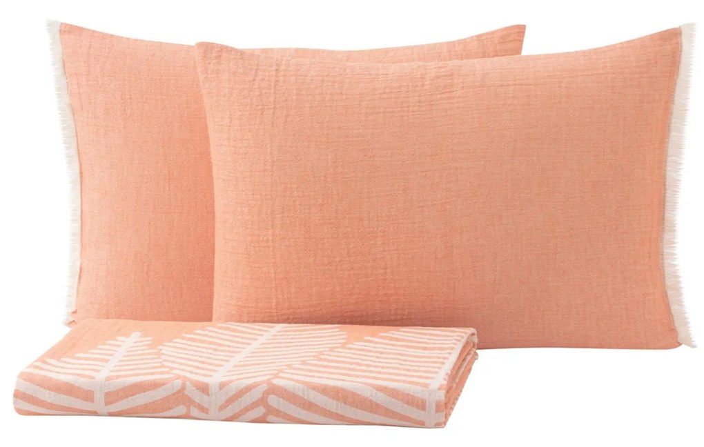 Set přehozu a povlaku na polštář Folium, na dvoulůžko, mušelínový, růžový, 230x240 cm