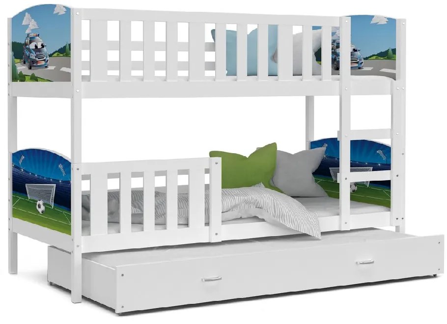 Expedo Dětská patrová postel DOBBY 3 COLOR s potiskem + matrace + rošt ZDARMA, 190x80, bílá/vzor D24/H23