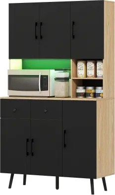 HOMCOM kuchyňské buffet, vysoký úložný nábytek s RGB-LED světlem, pracovní deskou, 6 dveřmi, 2 zásuvkami, 100x40x176 cm, černá