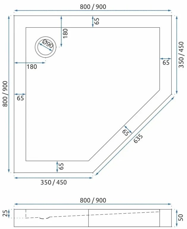 Pětiúhelníková sprchová vanička z minerálního akrylu REA DIAMOND 90x90 cm černá