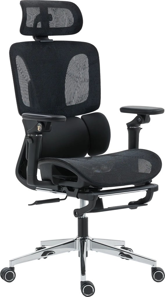 HOMCOM ergonomická kancelářská židle — nastavitelná bederní opora a opěrka hlavy, 5D područky, dělené opěradlo, výsuvná opěrka nohou, výškově nastavi…