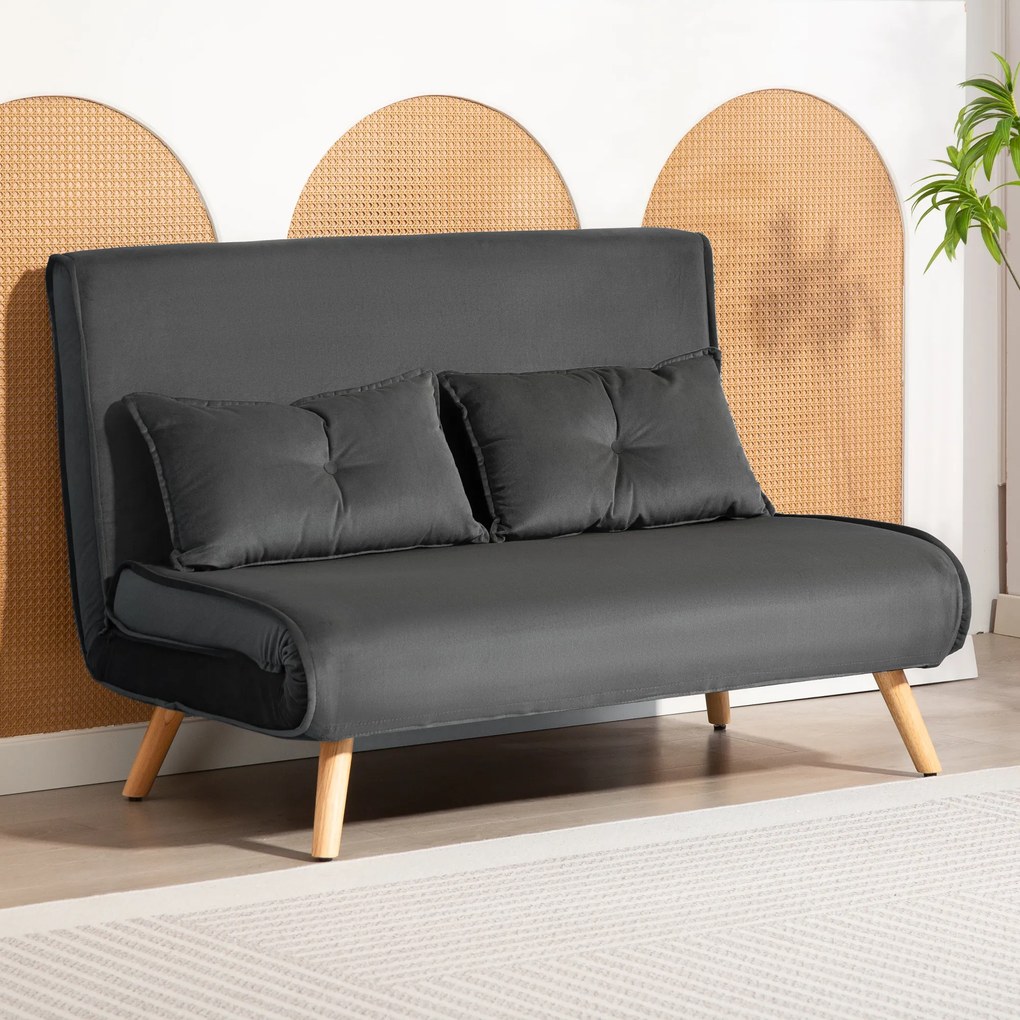 HOMCOM 2místná rozkládací pohovka, postelové sofa, pohovka konvertovatelná na postel, nastavitelná opěrka zad, látkový potah, kovový rám, šedá