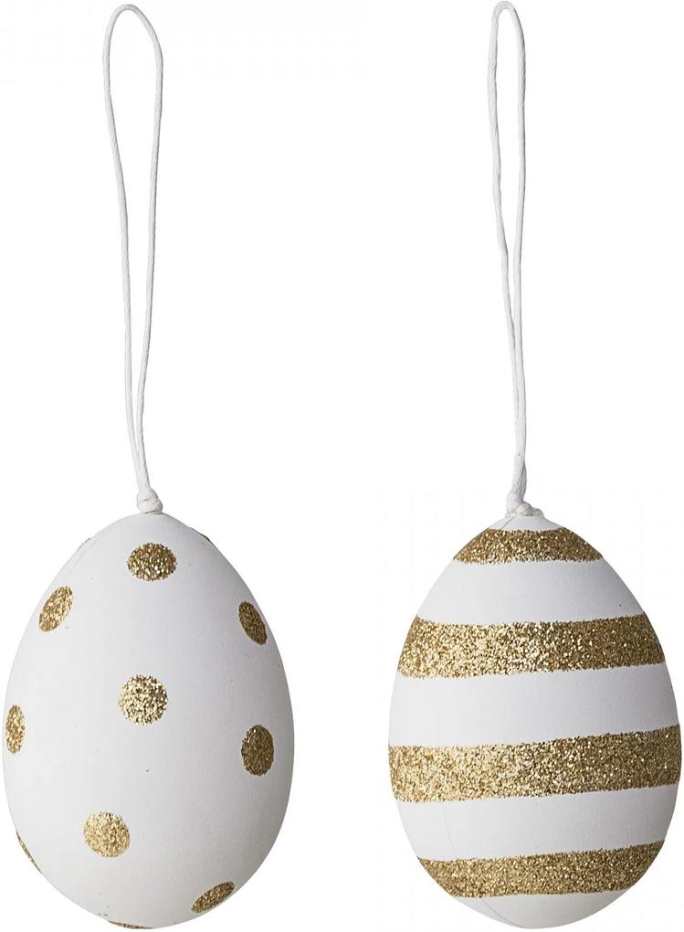 Bloomingville Dekorativní závěsné vajíčko Gold Dot/Stripe Proužek, bílá barva, zlatá barva, plast