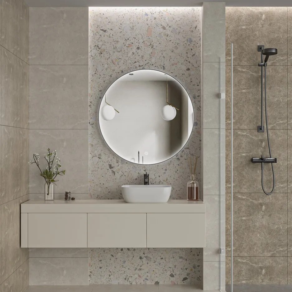 Erga Charlotte, kulaté LED zrcadlo 90cm, černý kovový rám, 2070 lm, 6500K, přední boční osvětlení, ERG-V01-204-9090-BK