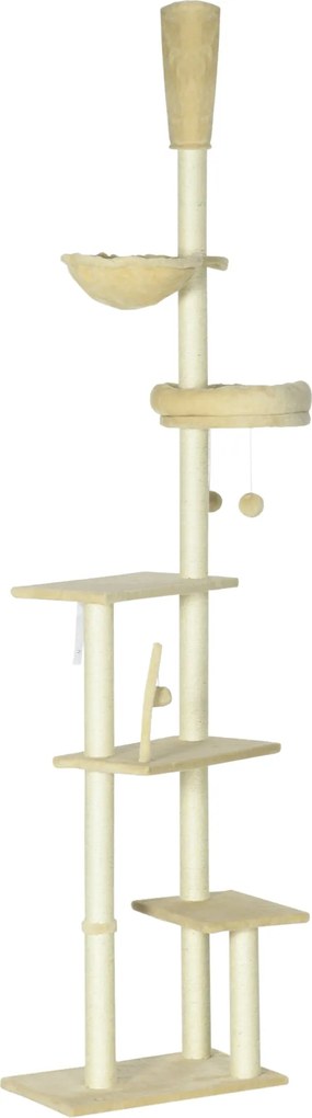 PawHut Podlaha ke Stropu 230-250 cm Kočičí Strom Škrábací Sloup pro Kočky s Nastavitelnou Výškou, Více Platforem, Košíky, Houpací Síť a Visící Míčky B