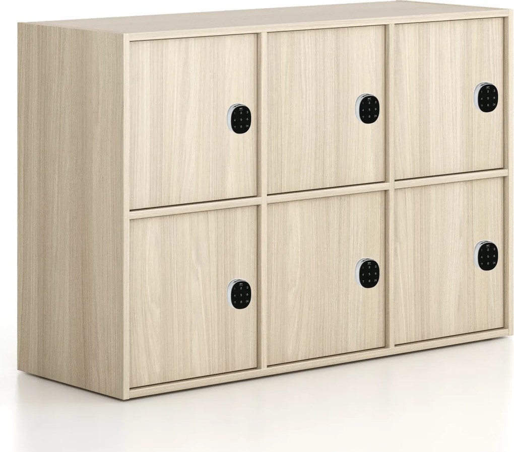 Kancelářská skříň FRAME, nízká, 6x dveře, 1299 x 450 x 881 mm, kódový zámek, dub přírodní