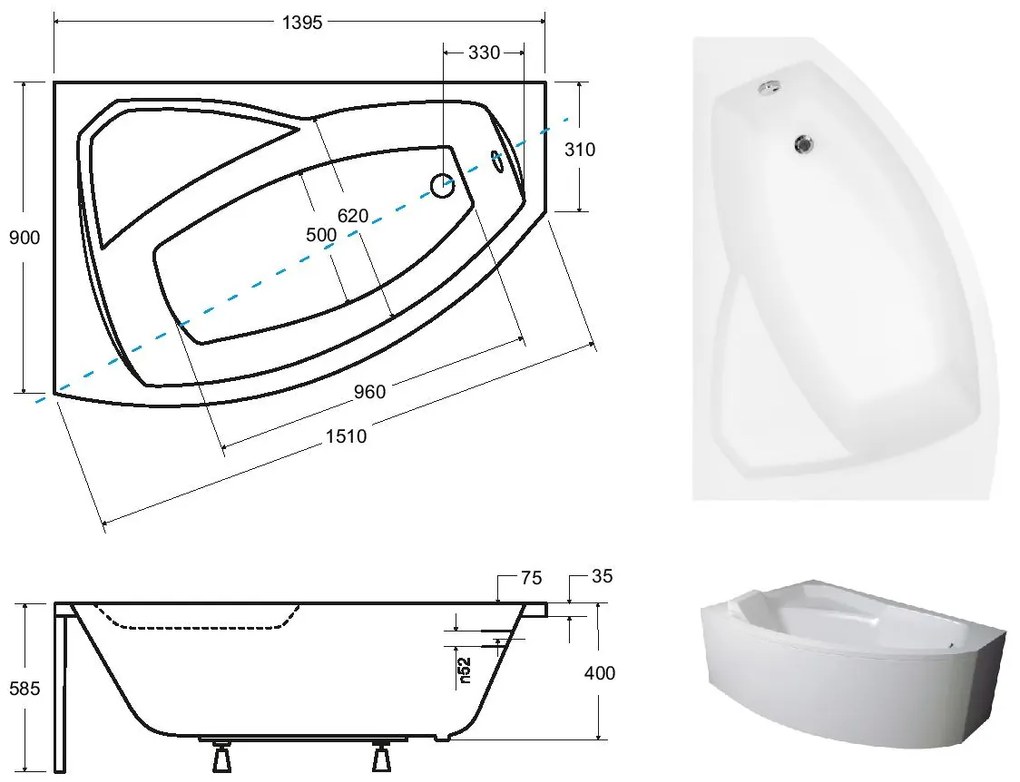 Besco Rima 140x90 akrylátová vana Délka vany: 140cm, Orientace: Levá