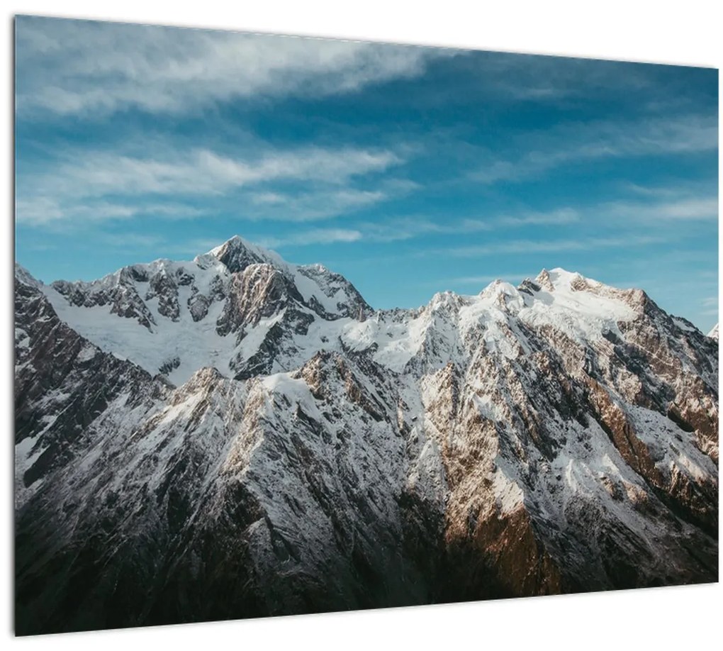 Skleněný obraz zasněžených vrcholků, Fiordland (70x50 cm)