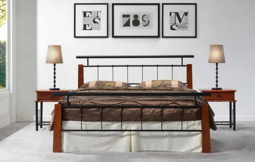Manželská postel 180x200 cm v dekoru antická třešeň v kombinaci s černým kovem s roštem KN438