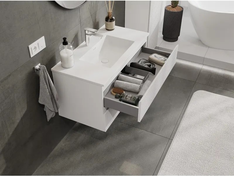 Mexen Rivel, koupelnová skříňka 90 cm s umyvadlem Otis, 2 zásuvky, drážkovaná, bílá matná, 91A20-09047-2-BFF01-W18M01