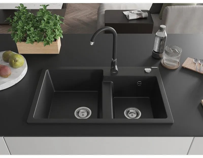 Mexen Tomas, granitový dřez 800x500x190 mm, 2-komorový a černá baterie Telma, černá, 6516-77-670200-70