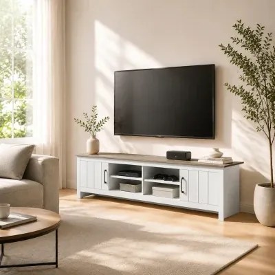 HOMCOM TV nízká skříňka 175 cm, TV nábytek pro televizory do 140 cm s 2 dveřmi a 4 otevřenými přihrádkami, dub a bílá