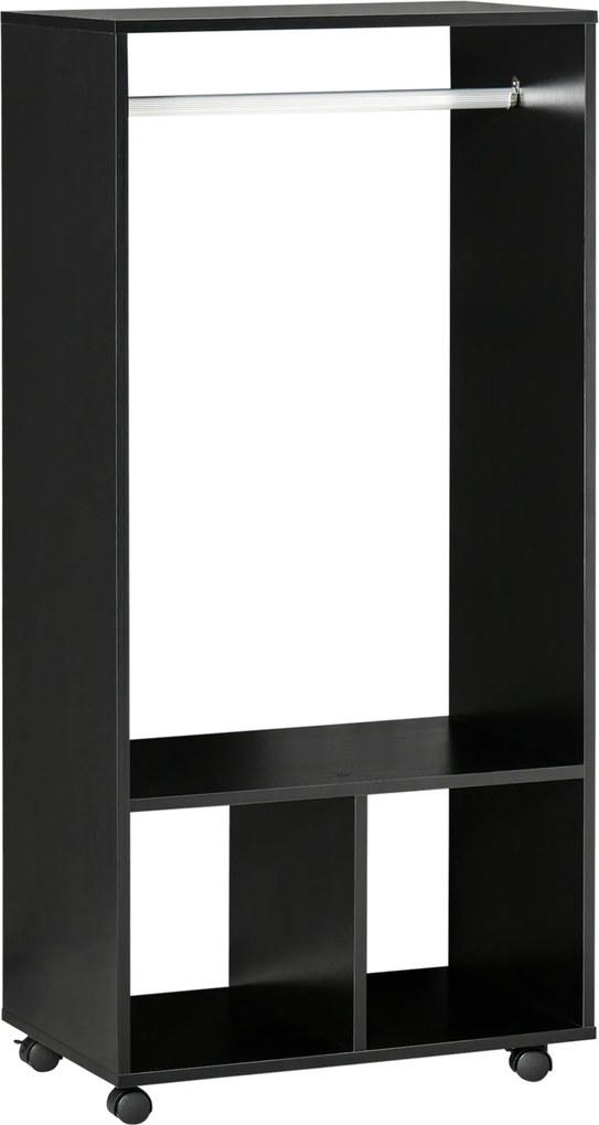 HOMCOM Skříň na kolečkách, Otevřený design s závěsnou tyčí a policemi pro organizaci oblečení do ložnice 60x40x128 cm Černá