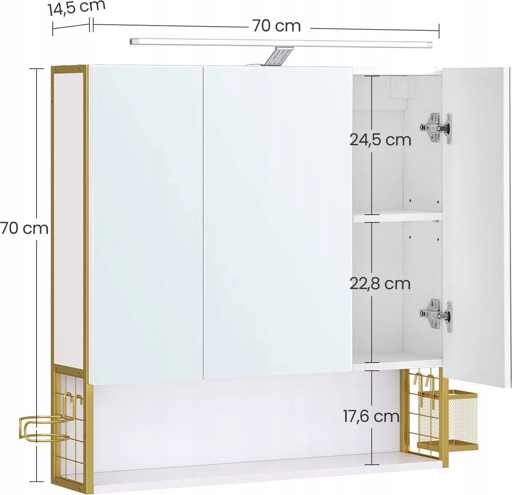 Závěsná koupelnová skříňka s osvětlením a zrcadlem bílá 70x70x14,5 cm dveře