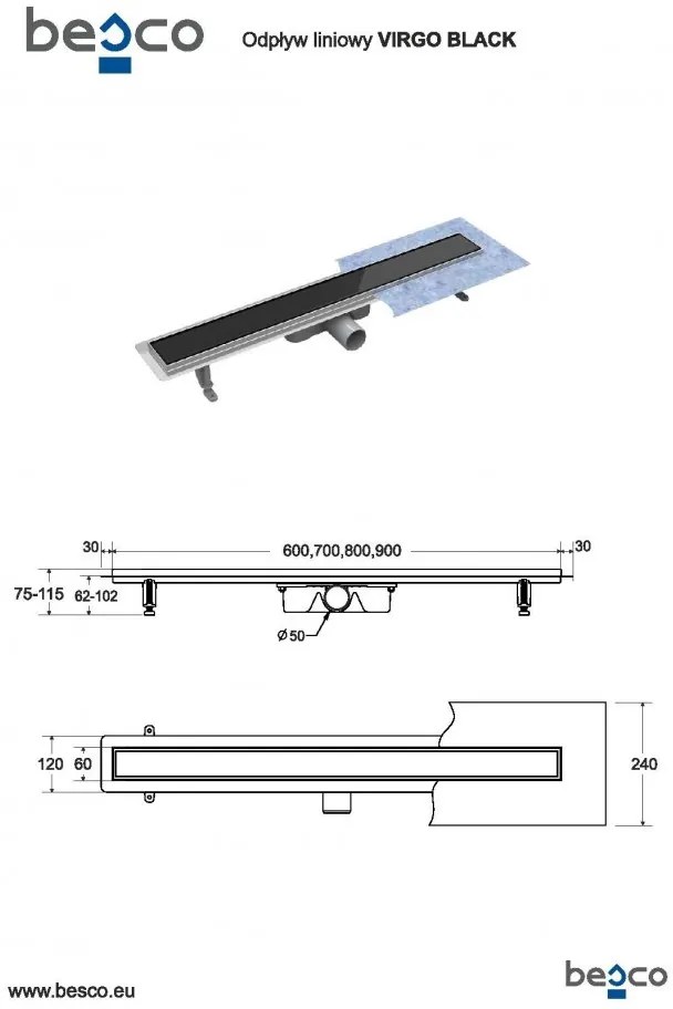 BESCO Odtokový žlab VIRGO BLACK Rozměr A - 70 cm ZLOL70VBL