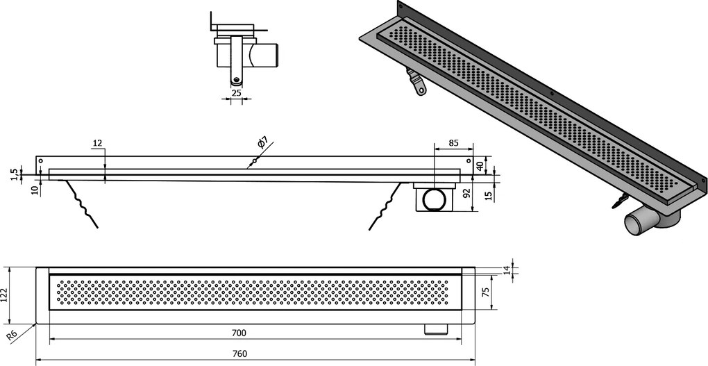 Aqualine, KROKUS nerezový sprchový kanálek s roštem, ke zdi, 760x122x92 mm, 2715-80