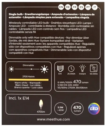 LED Stmívatelná žárovka Philips Hue WHITE E14/5,5W/230V 2700K
