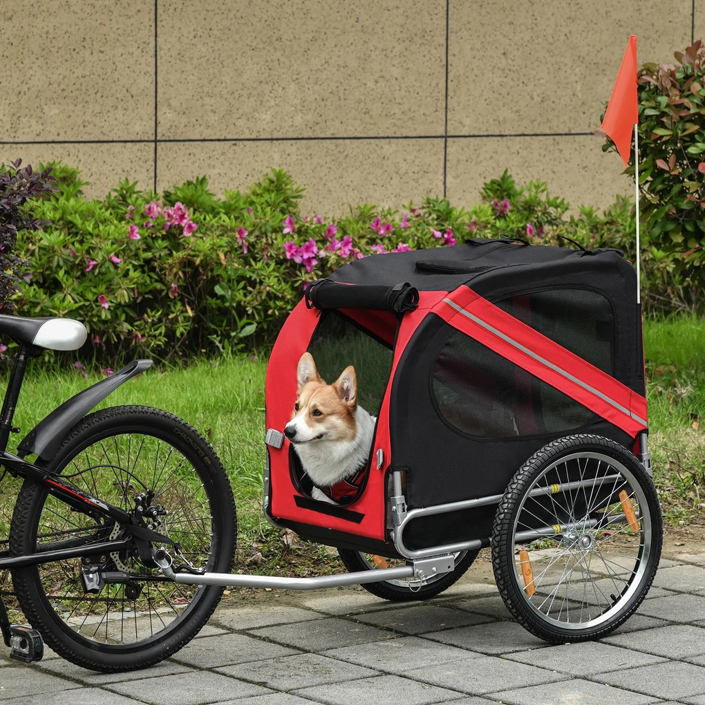 PawHut Pet Bike Trailer - Kočárek pro psy s 8 odrazkami, vlajkou a připojovacím barem, ocelový, voděodolný polyester, max. 30 kg, 130L x 73W x 90H cm…