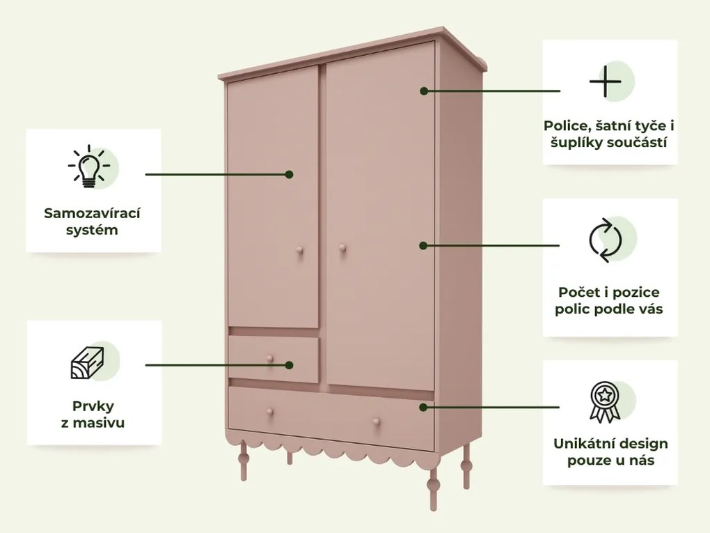 Dětská šatní skříň se šuplíky, šatní tyčí a policemi BABUSHKA korálová