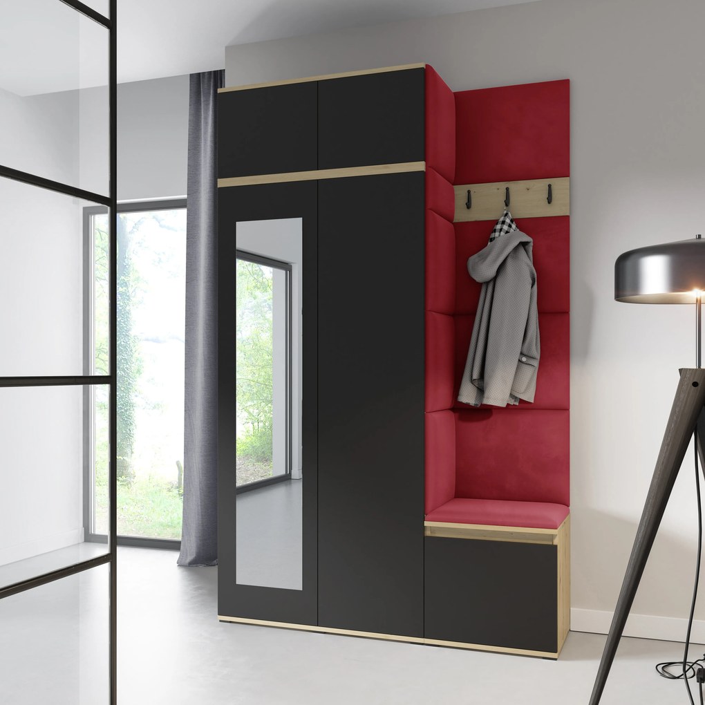 Eka Předsíňová stěna s čalouněnými panely Trinity 20 - Dub Artisan s černou / Rubínová 2324