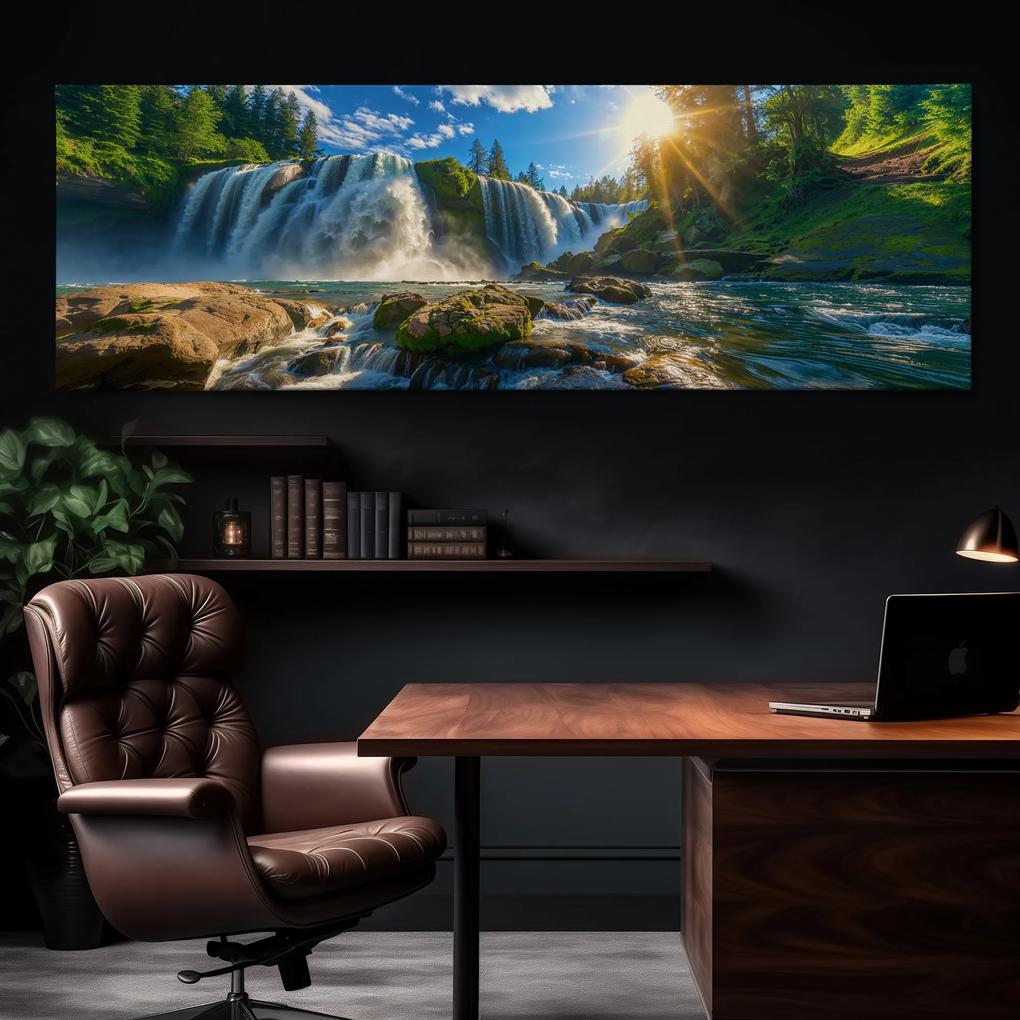 Obraz na plátně - Lesní vodopády se západem slunce FeelHappy.cz Velikost obrazu: 240 x 80 cm