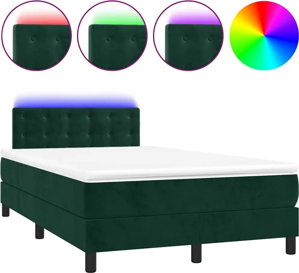 Box spring postel s matrací a LED tmavě zelená 120x200 cm samet 3134636