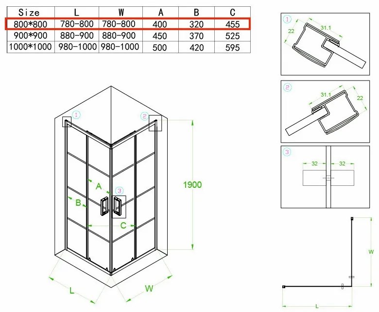 BPS-koupelny Čtvercový sprchový kout HYD-SK32A 80x80 černý/transparent - bez vaničky