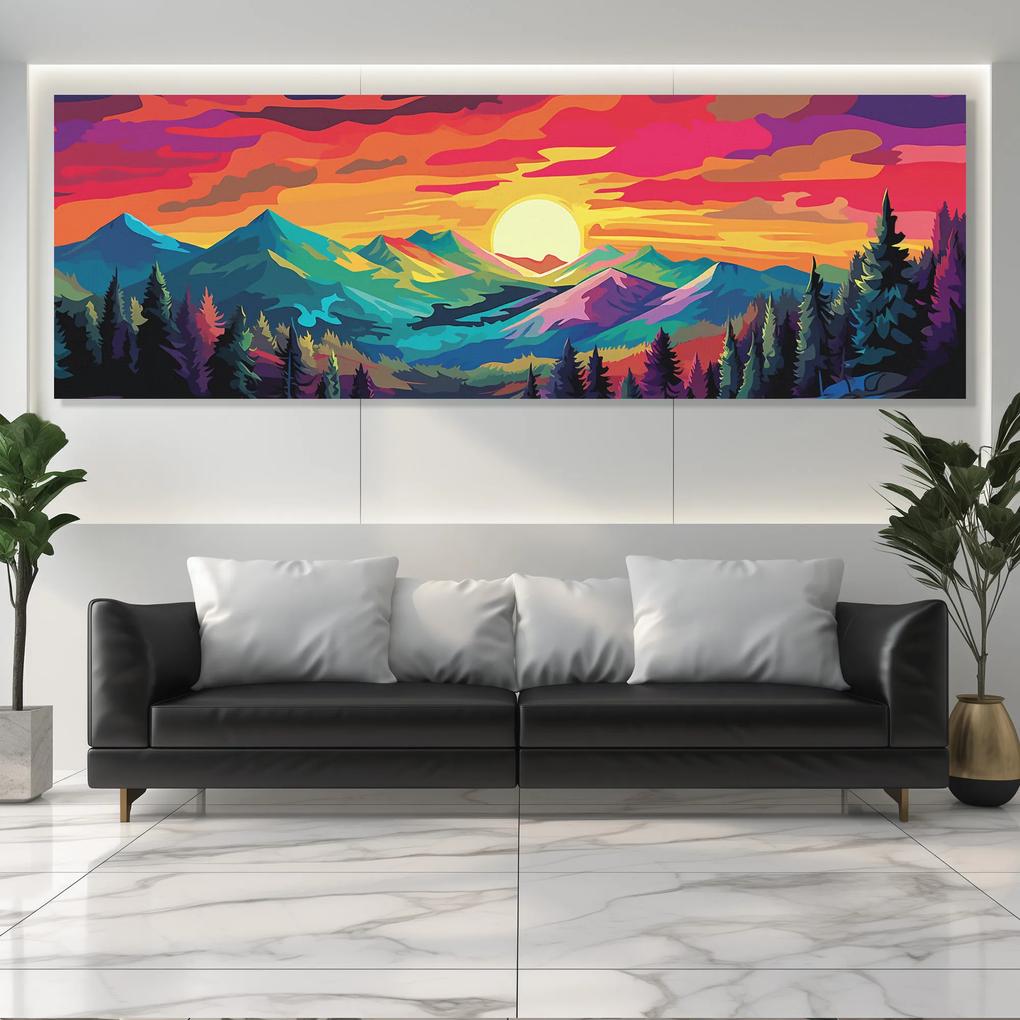 Obraz na plátně - Západ slunce nad horami Pop Art FeelHappy.cz Velikost obrazu: 120 x 40 cm