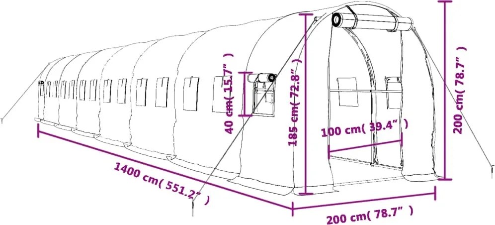 vidaXL Skleník s ocelovým rámem 28 m² 14 x 2 x 2 m [3188033] Barva: Zelená