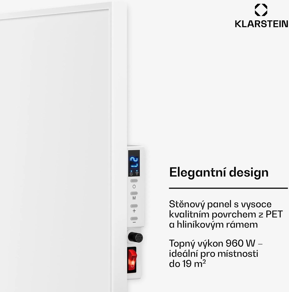 Klarstein Wonderwall 960 Smart, infračervený ohřívač, 80 x 120 cm, 960 W, týdenní časovač, IP24, bílý