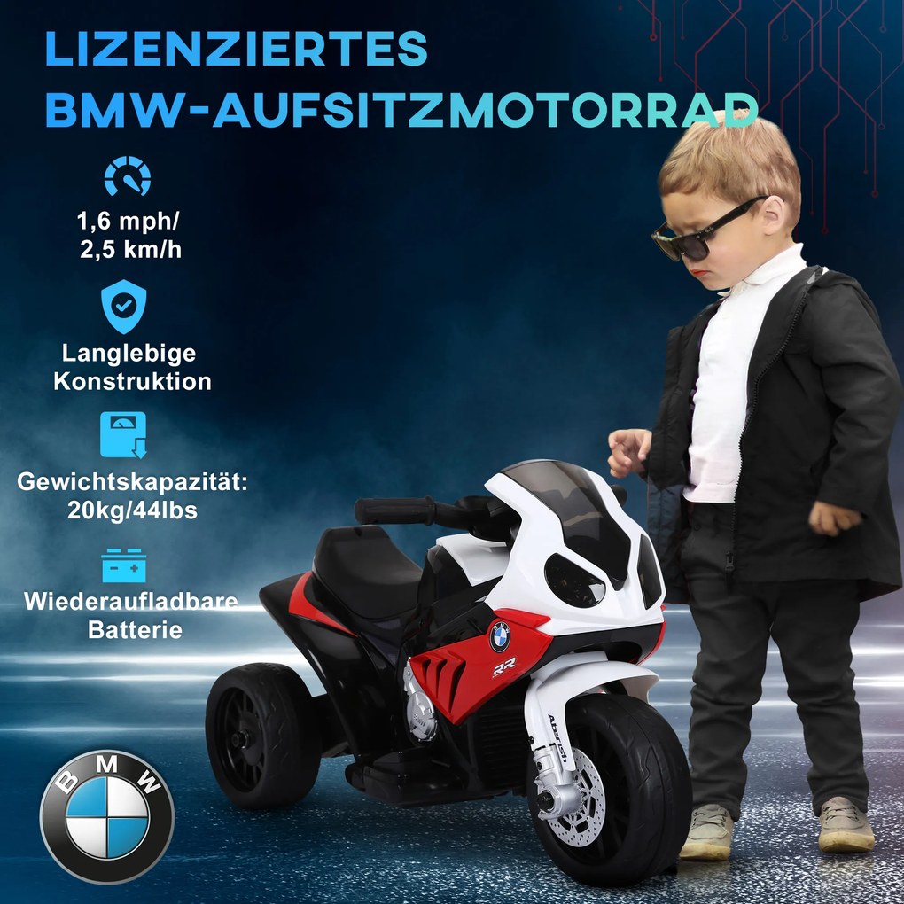 HOMCOM BMW S1000RR licencovaná dětská elektrická tříkolka s baterií, dětské vozidlo, ocel, červená, 66x37x44 cm