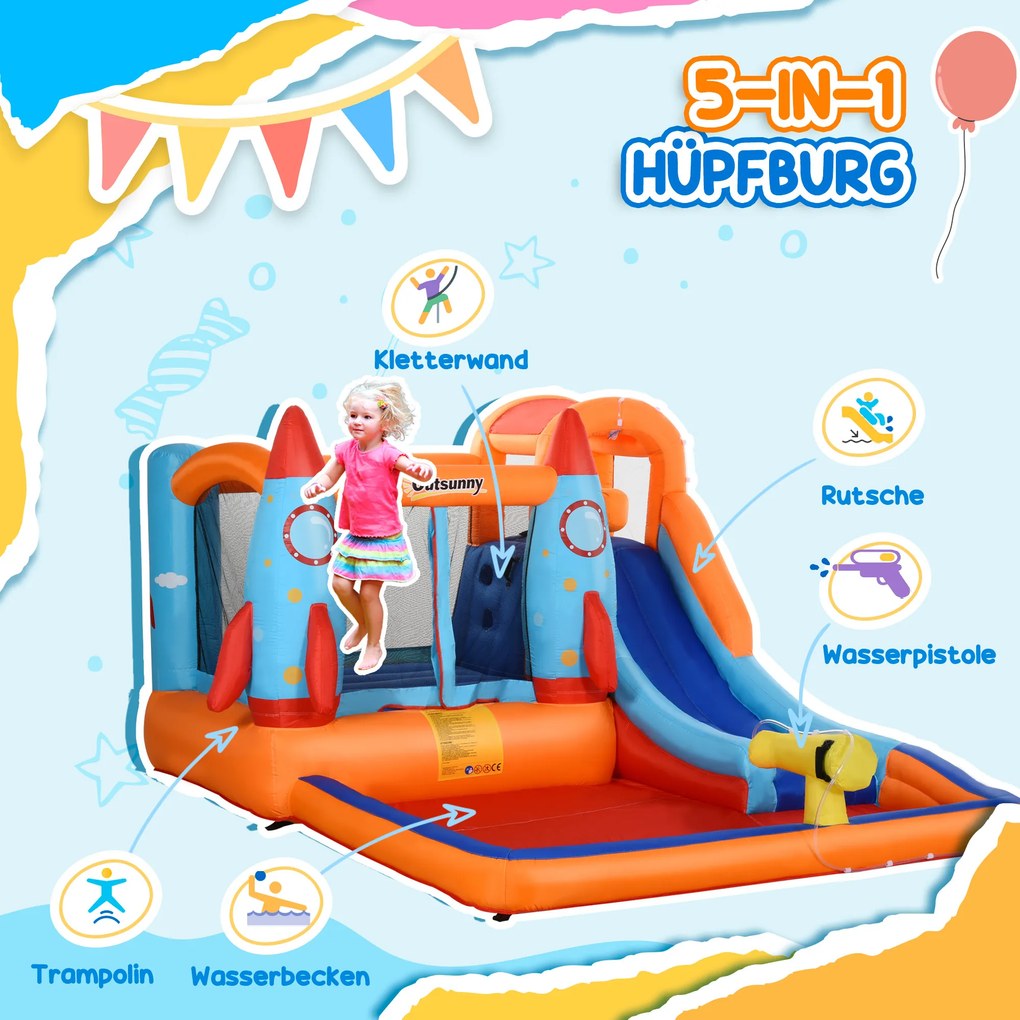 Outsunny nafukovací skákací hrad, hrací hrad se skluzavkou pro 4 děti, s foukačkou, hrací domeček pro 3-8 let, vzor raketa, polyester | Aosom