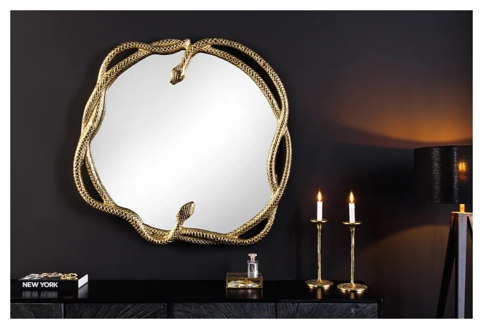 Massive home | Nástěnné zrcadlo SNAKE XL 85cm zlaté s ozdobným prvkem ve tvaru hada