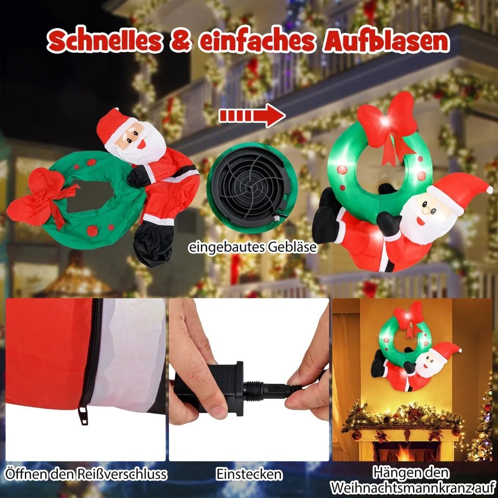 Costway 120 CM nafukovací dekorace Vánoční LED Santa Claus s věncem Vánoční