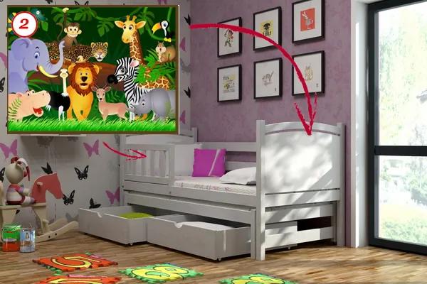 Vomaks Dětská postel s výsuvnou přistýlkou DPV 005 - 02) Džungle + zásuvky 180 cm x 80 cm Bezbarvý ekologický lak