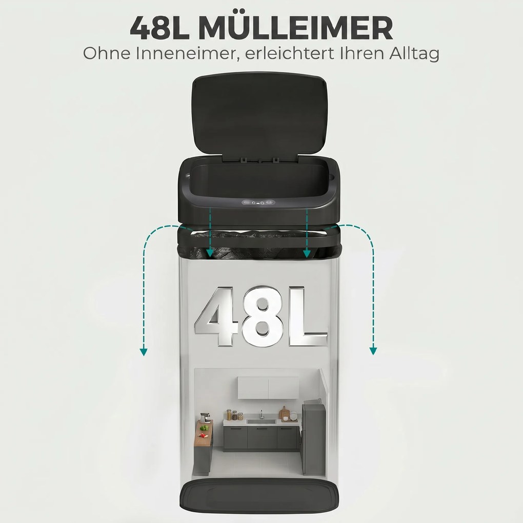 HOMCOM 48l senzorem řízený odpadkový koš pro kuchyň nebo kancelář, automatická uzavírací funkce, nerezová ocel, černý