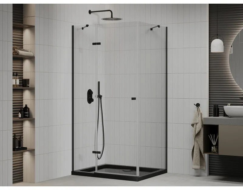 Mexen Roma, sprchový kout s 1-křídlými dveřmi 100 (dveře) x 80 (stěna) cm, 6mm čiré sklo, černý profil, slim sprchová vanička 5cm černá s černým sifonem, 854-100-080-70-00-4070B