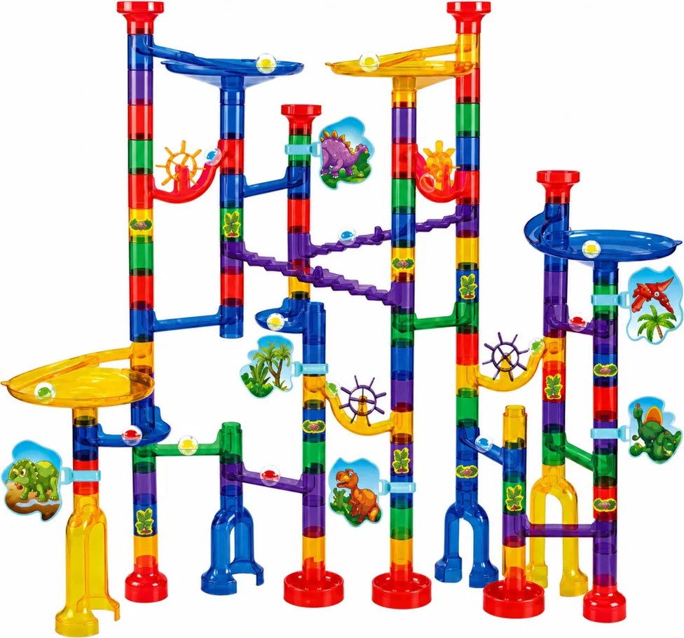 LEAN Toys Stavebnicová sada – kuličková dráha, barevné tunely, dinosauři, 192 dílů