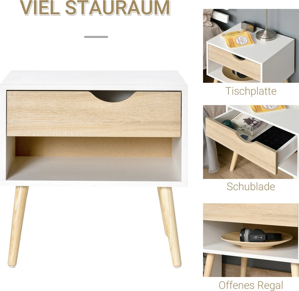 HOMCOM Noční stolek s šuplíkem, moderní design, nohy z masivu, 50 x 39 x 51 cm, bílý a přírodní dřevo