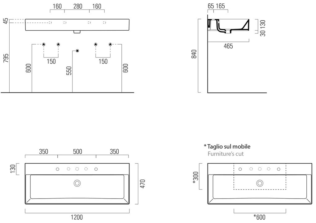 Sapho, KUBE X keramické umyvadlo 120x47 cm, 2 otvory, bílá ExtraGlaze