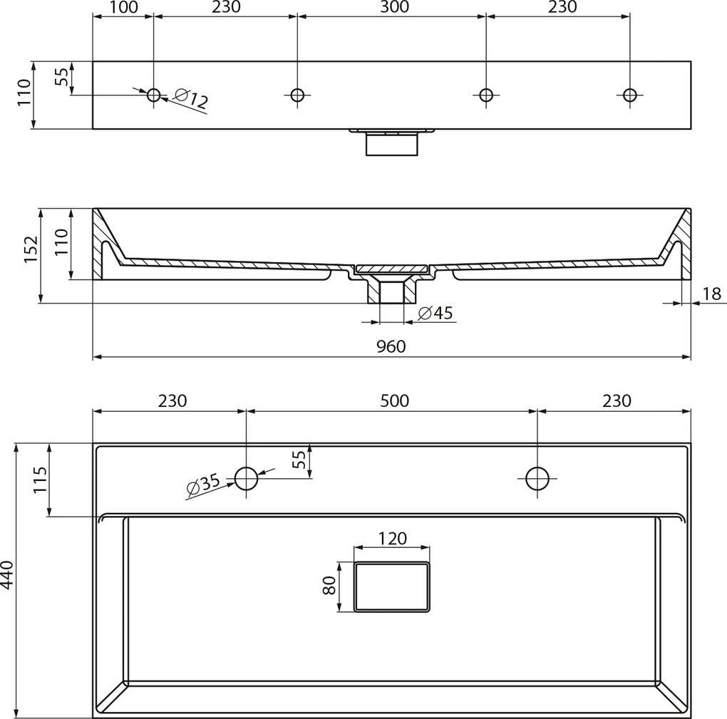 Sapho GODIVA 96 x 44 cm GU096-2  umyvadlo 2 otvory pro baterii bílá