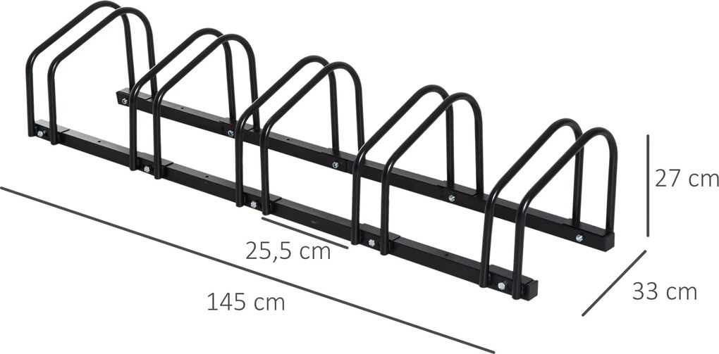 HOMCOM 5-Členný stojan na kola – skladovací stojan pro kola s pneumatikami do 65 mm, rozměry 145L x 33W x 27H cm, černá ocel | Aosom