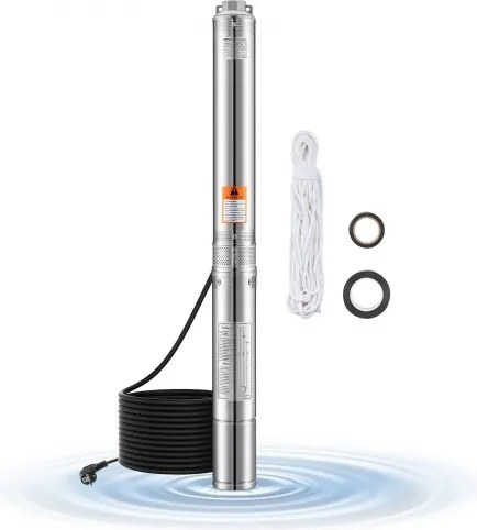 Ponorné čerpadlo VEVOR do hlubinných vrtů, příkon 1100 W, 230 V, průtok 100 l/min, výška 75 m (246 stop), s kabelem 20 m (65,62 stop), vodní čerpadlo z nerezové oceli, pro průmyslové zavlažování a domácí použití, vodotěsnost IP68